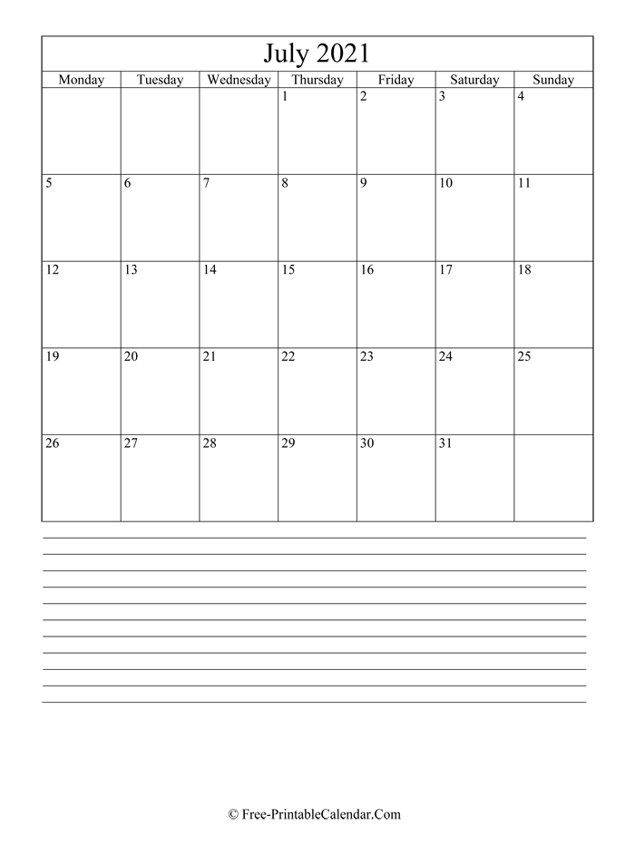 July 2021 Editable Calendar with Notes