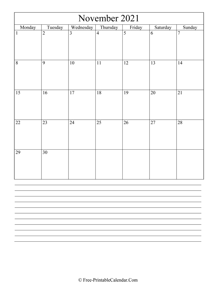 November 2021 Editable Calendar with Notes