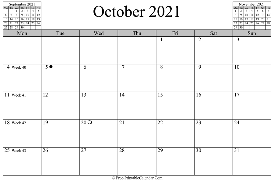 October 2021 Calendar (Horizontal Layout)
